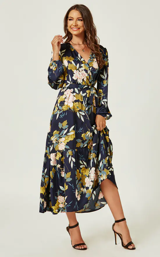 Navy Floral Long Sleeve Wrap Midi Dress Silkfred Us