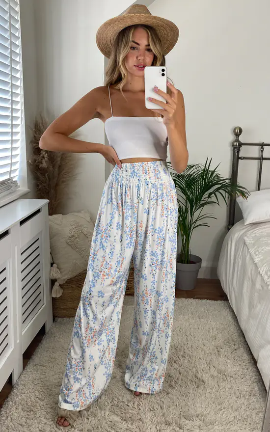 White Floral Wide Leg Trousers Miss Floral Silkfred Us