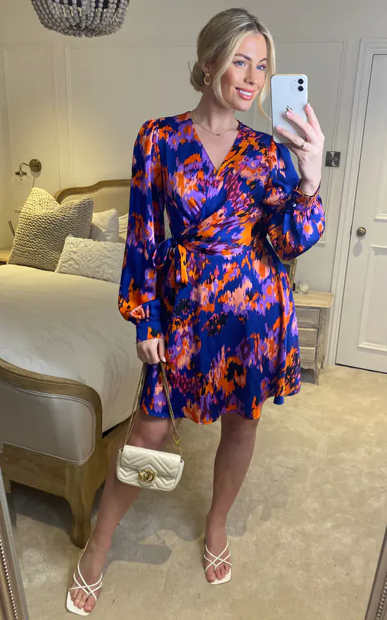 Abstract Print Mini Wrap Dress With Long Sleeves In Navy Liquorish