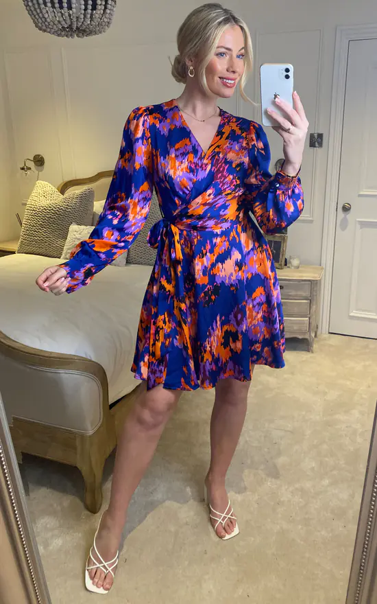 Abstract Print Mini Wrap Dress With Long Sleeves In Navy Liquorish