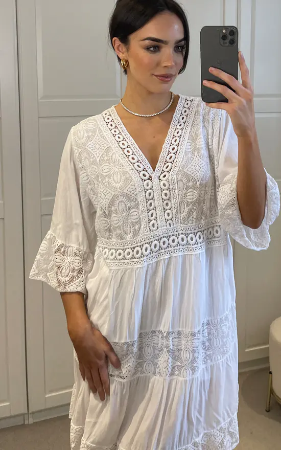 White Lace V Neck Knee Length Dress Silkfred Us