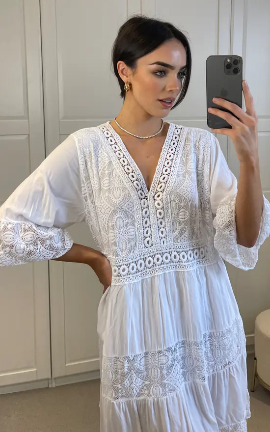 White Lace V Neck Knee Length Dress Silkfred Us