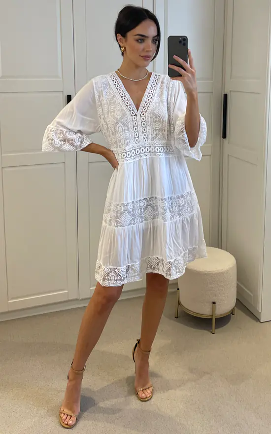 White Lace V Neck Knee Length Dress Silkfred Us