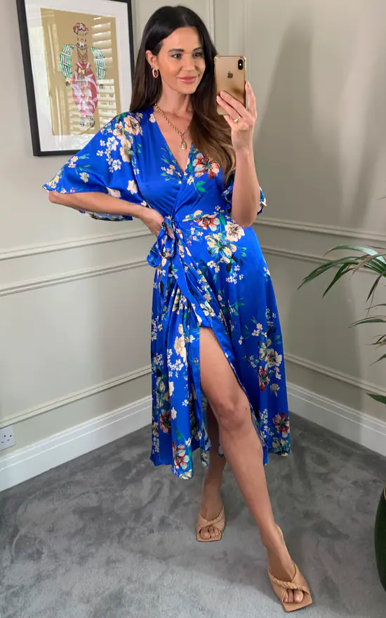 Floral Satin Wrap Dress In Blue Yumi Silkfred Us