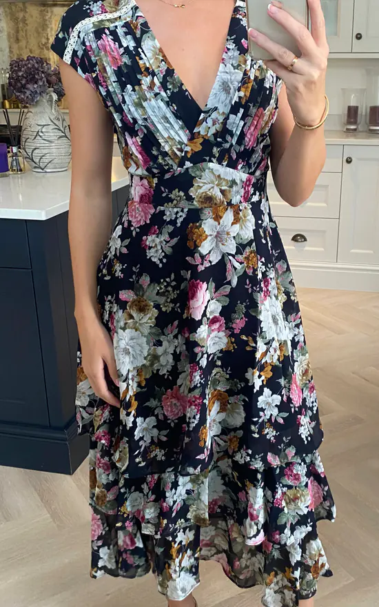 Floral Tiered Midi Dress In Navy Yumi Silkfred Us