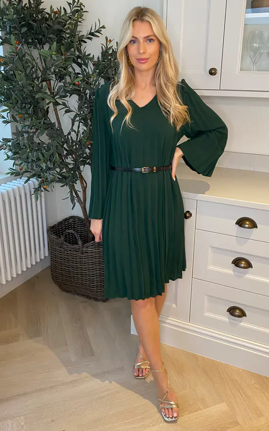 Teal Green Pleated V Neck Midi Dress Silkfred Us