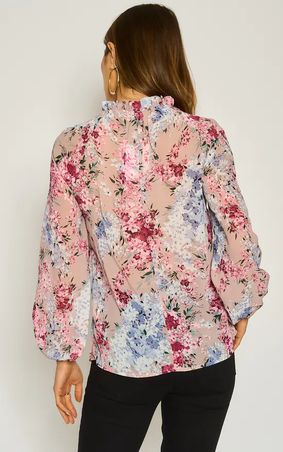 Floral Print Long Sleeve Frill High Neck Top In Pink Fs Collection