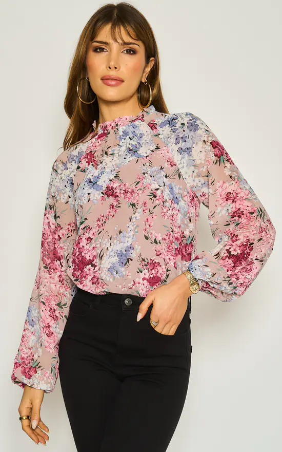 Floral Print Long Sleeve Frill High Neck Top In Pink Fs Collection