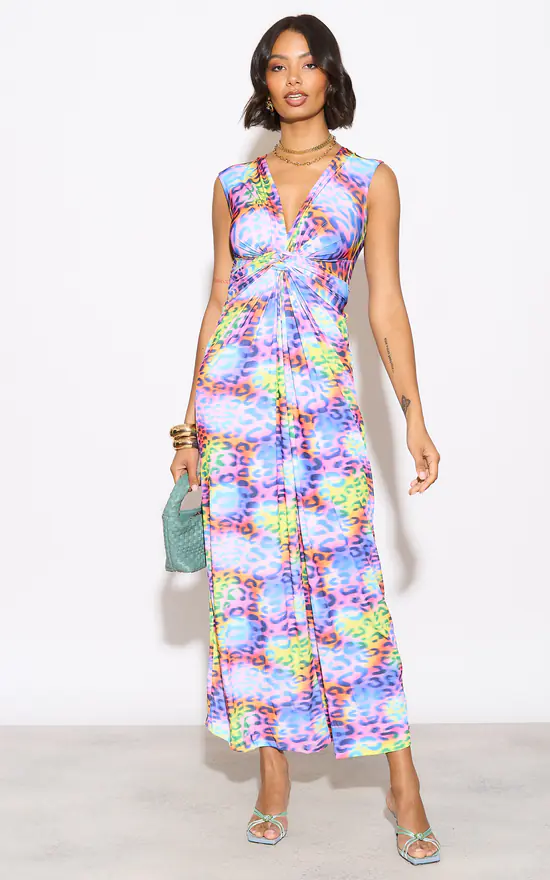 Leopard Print Twist Wrap Maxi Dress In Pink Multicolour Jenerique