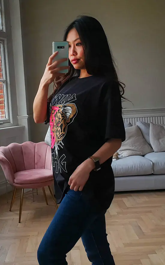 Wild Thang Slogan Tiger Oversized Tee Black Gigiland Uk Silkfred Au