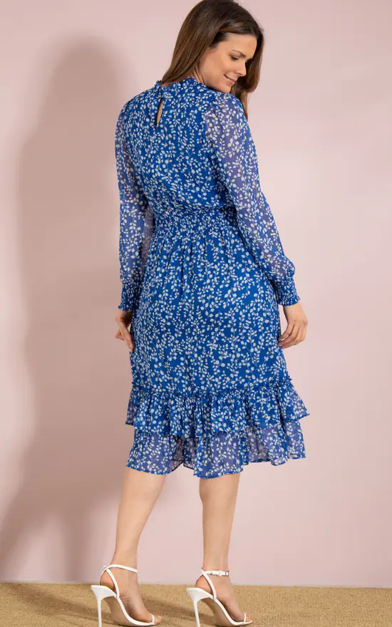 Printed Long Sleeve Chiffon Midi Dress In Cobalt Blue Klass Silkfred Us