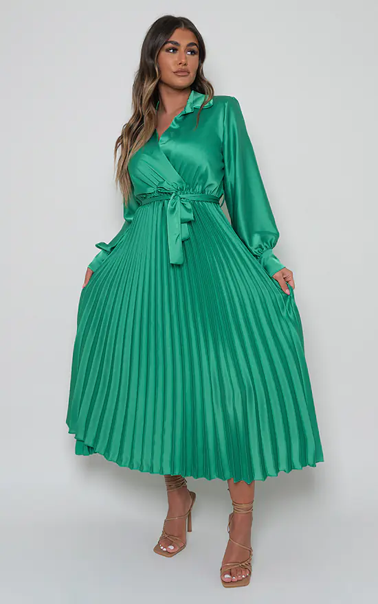 Betsy Pleated Wrap Front Maxi Dress With Waist Tie Detail Ikrush