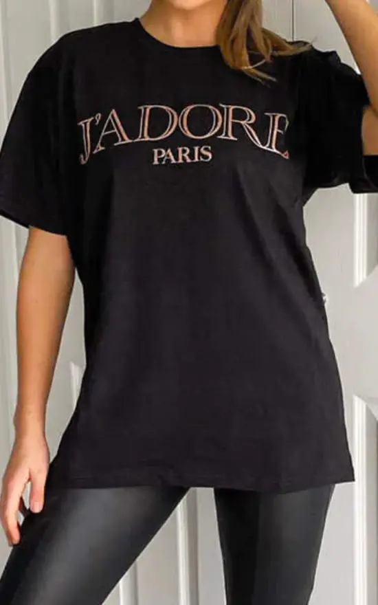 Jadore Paris Slogan Oversized Tee Black Gigiland Uk Silkfred Us