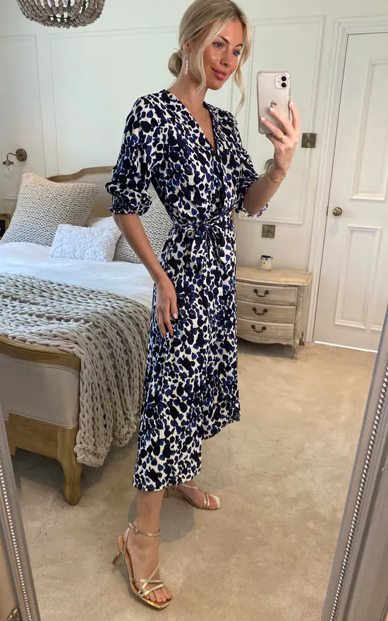 Navy Leopard Print Wrap Front Midi Dress Silkfred Us
