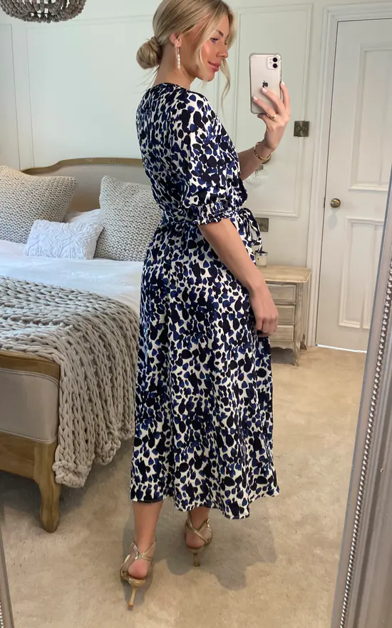 Navy Leopard Print Wrap Front Midi Dress Silkfred Us