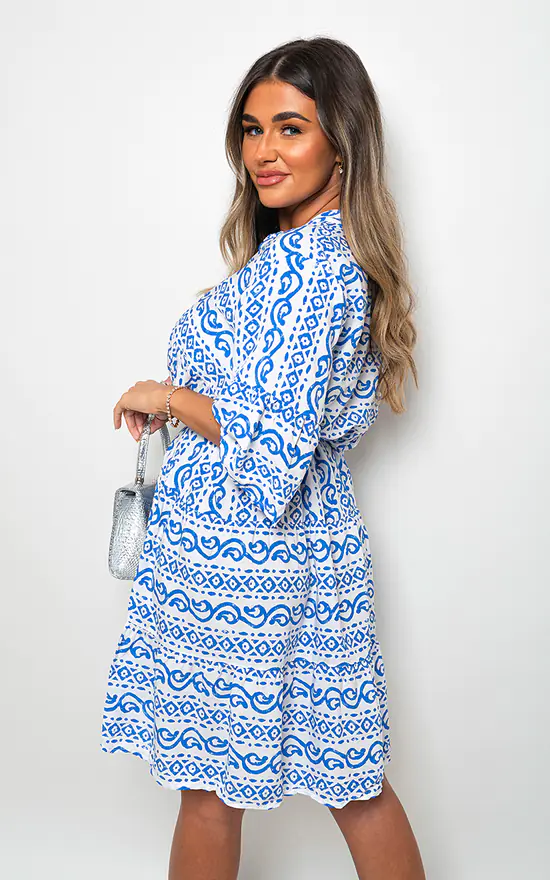 Phoebe V Neck Printed Notch Neck Smock Dress In Blue | IKRUSH | SilkFred US Phoebe V Neck Printed Notch Neck Smock Dress In Blue | IKRUSH | SilkFred US